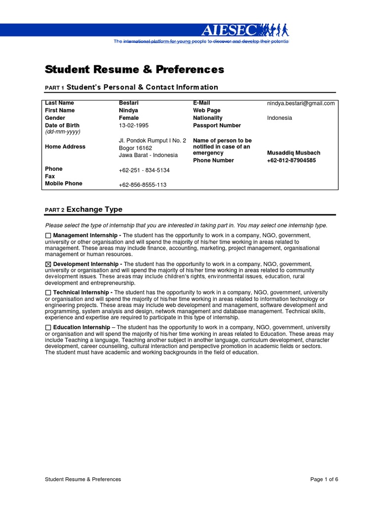 Student Resume & Preferences: Student's Personal & Contact Information ...