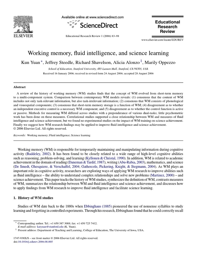 Working Memory, Fluid Intelligence, and Science Learning | PDF | Working Memory | Memory