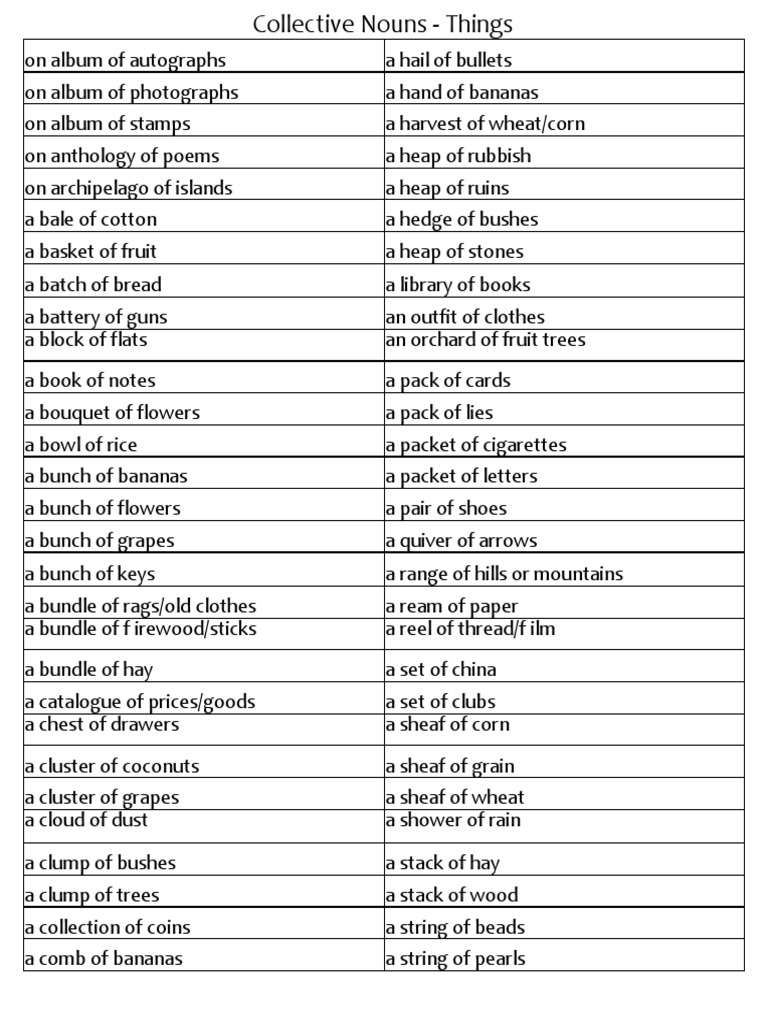 Collective Nouns Things Table | PDF