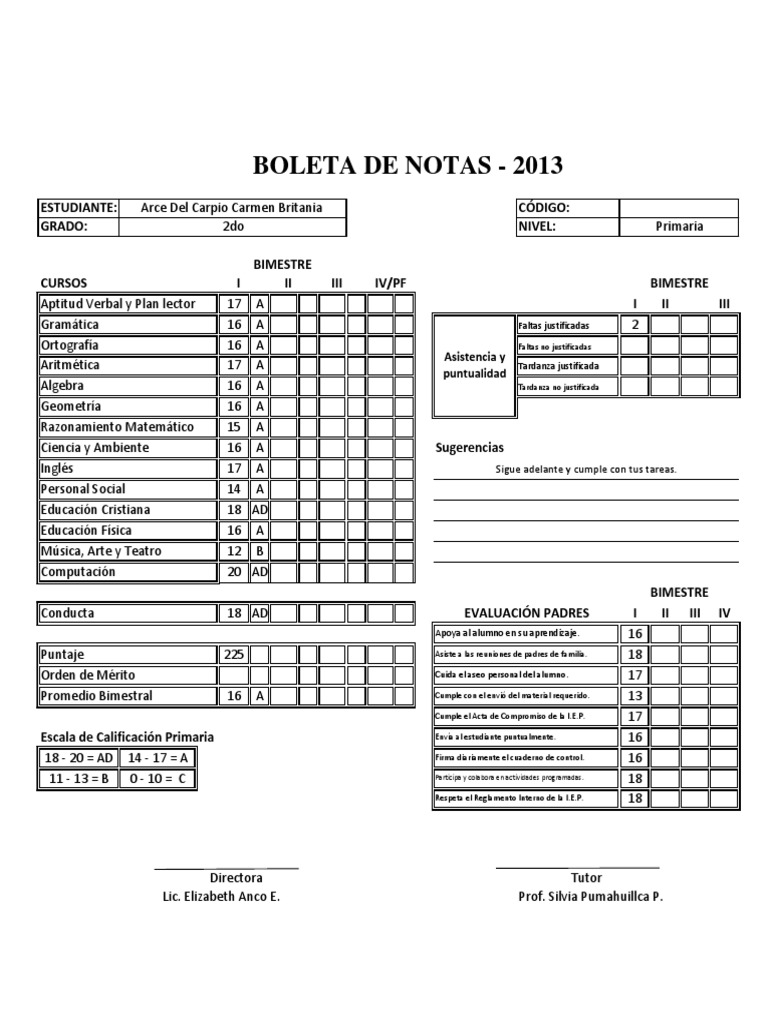 BOLETAS DE NOTAS DE 2DO DE PRIMARIA.xls | Educación primaria | Álgebra ...
