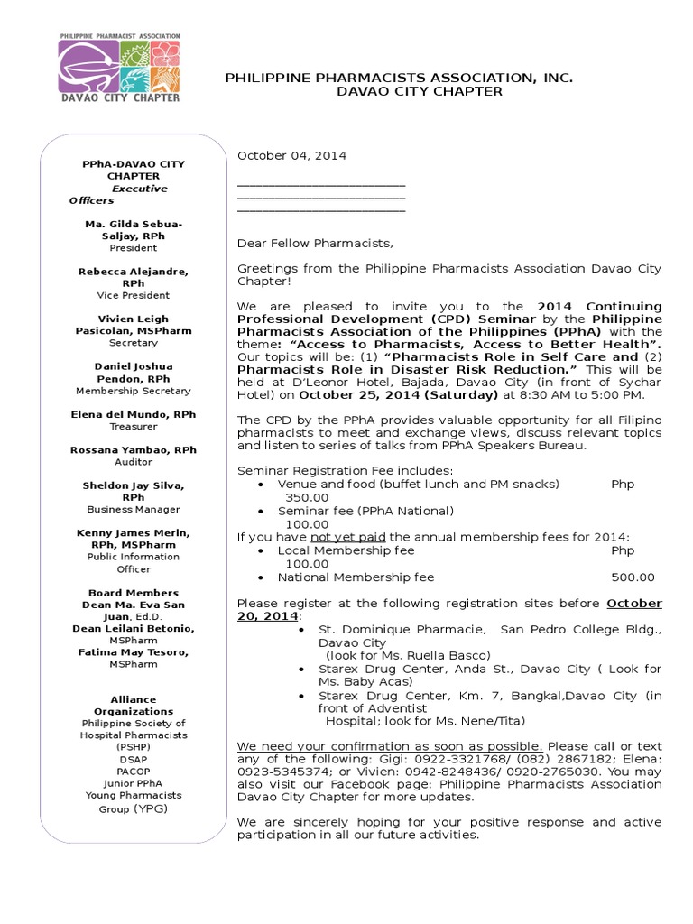 Invitation For The 2014 PPhA CPE Davao City Chapter | PDF | Pharmacy ...