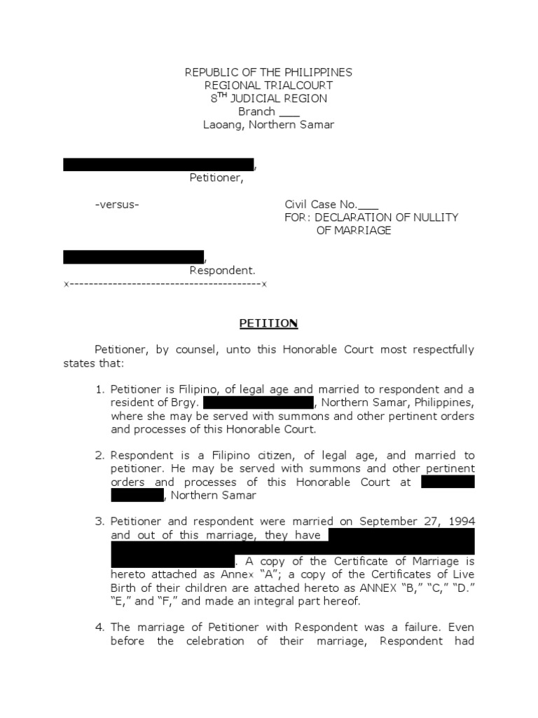 Petition for Declaration of Nullity of Marriage | Social Institutions ...