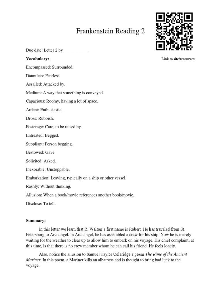 Frankenstein Letter 2 Vocabulary & Summary | PDF | General Fiction