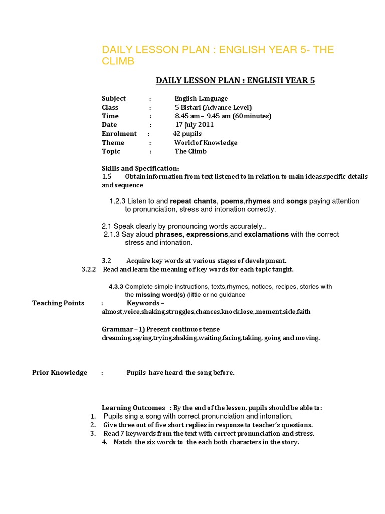 Daily Lesson Plan Stories | PDF | Lesson Plan | English Language