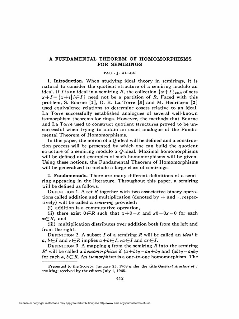 A Fundamental Theorem of Homomorphisms For Semirings: xER, and | PDF ...
