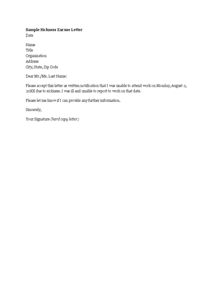 Excuse Letter For Absence In Work