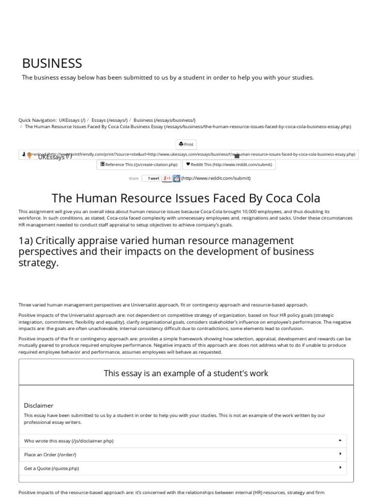 The Human Resource Issues Faced by Coca Cola | PDF | Strategic ...