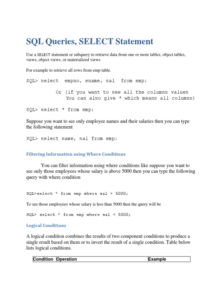 SQL Queries Select Statement | Download Free PDF | Information ...