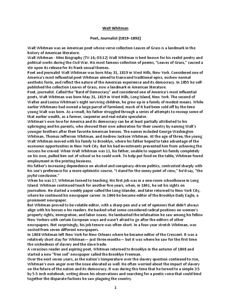 Walt Whitman Poet, Journalist (1819-1892) | PDF | Walt Whitman | Leaves ...