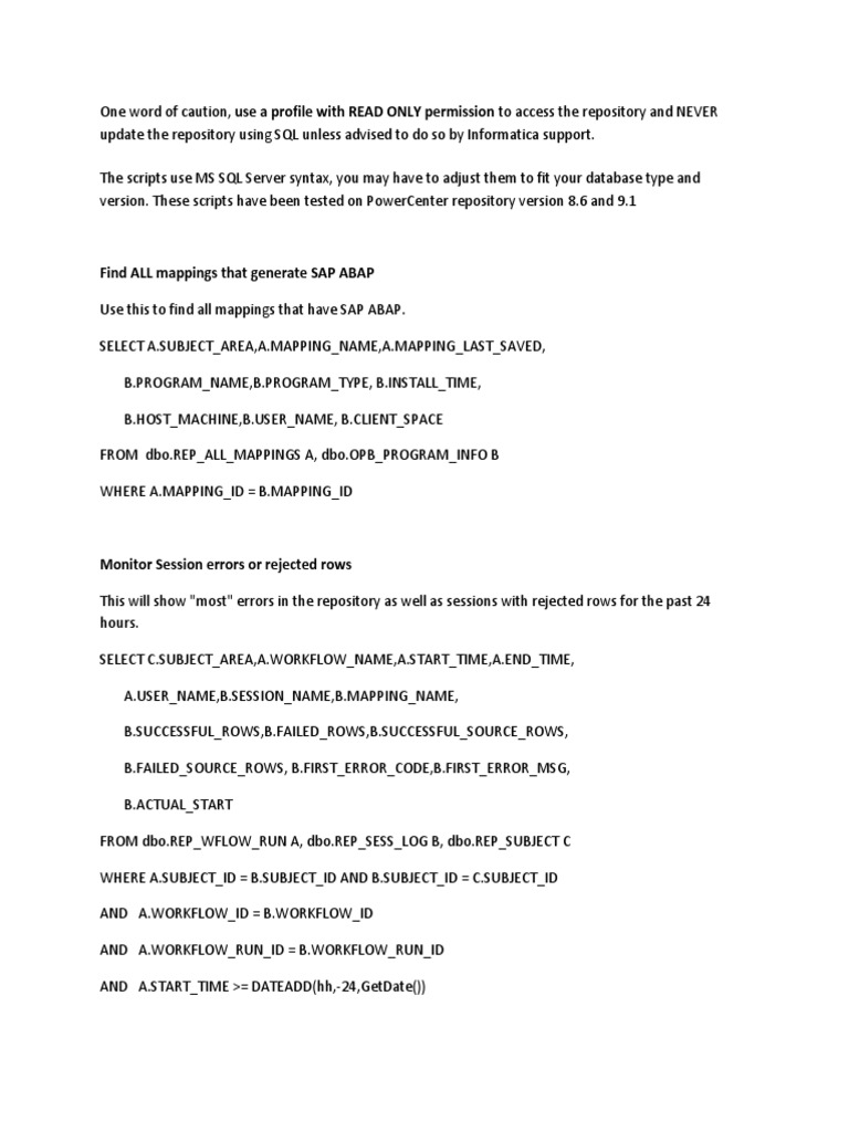 Useful Repository Queries in Informatica | PDF | Data Management ...
