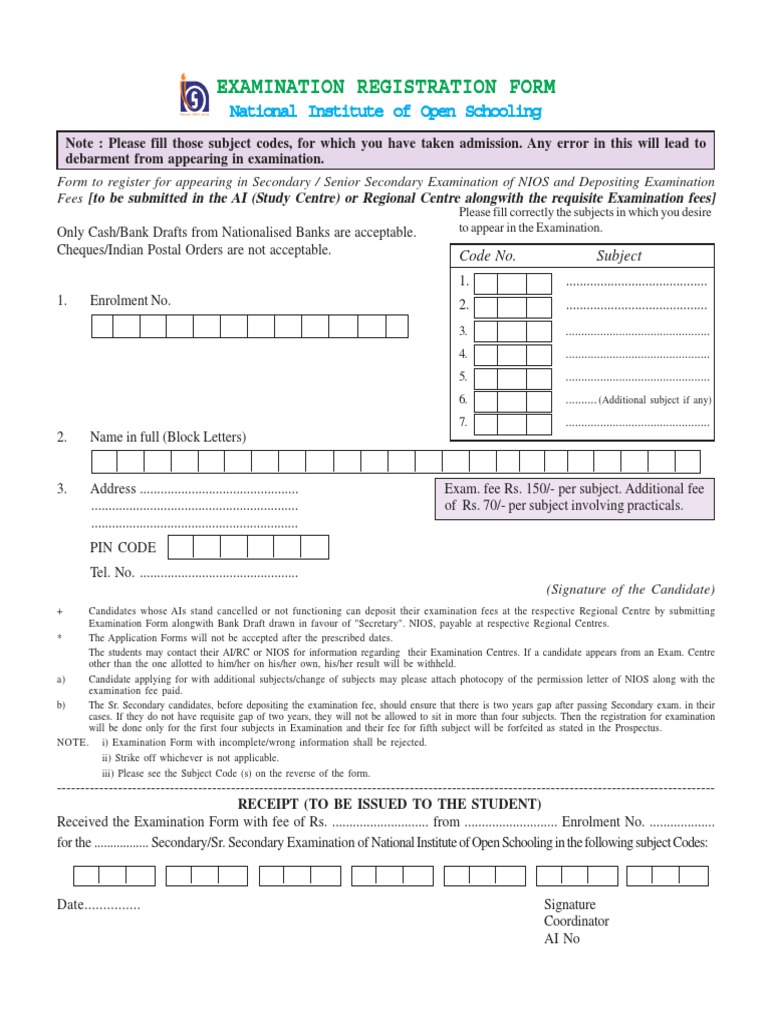 Examination Registration Form Examination Registration Form Examination ...