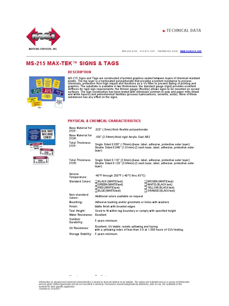 Ms-215 Max-Tek™ Signs & Tags: Description | PDF | Adhesive | Poly ...