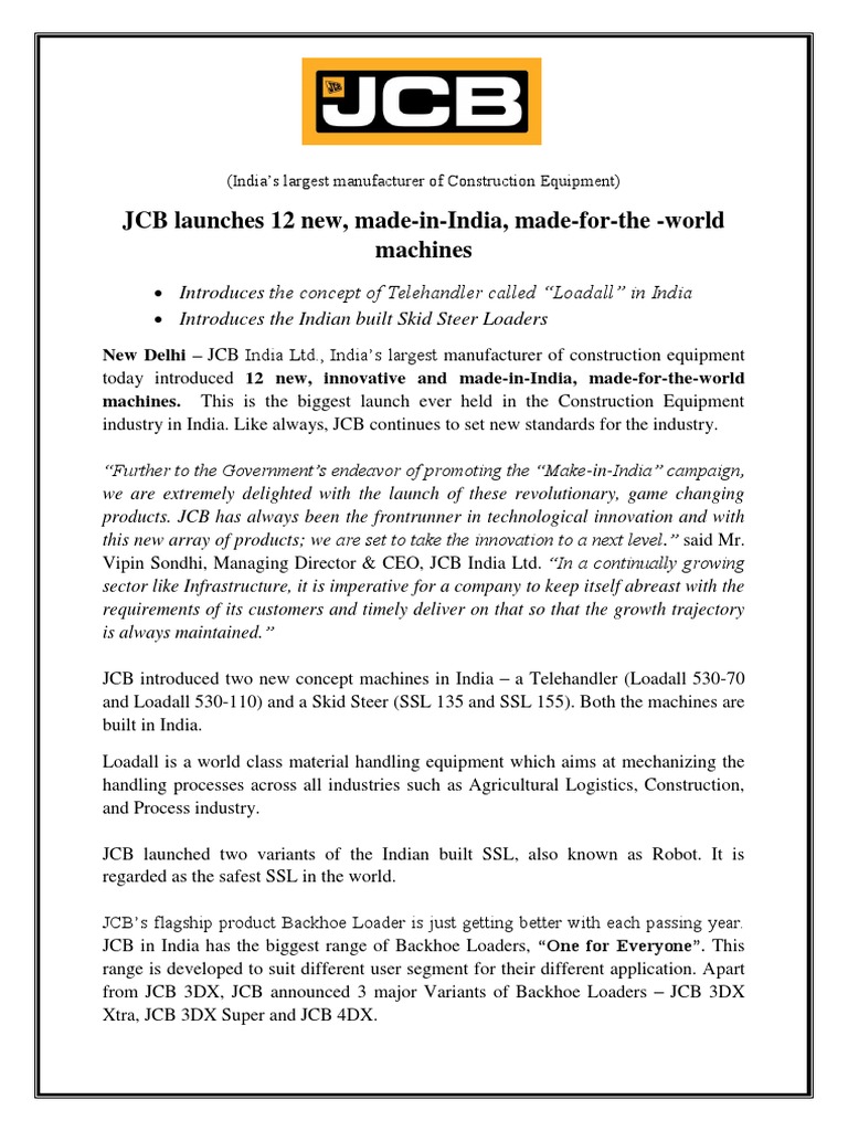 JCB India 12 New Products Launched | PDF | Loader (Equipment ...