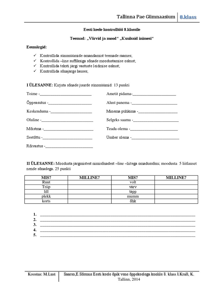 Eesti Keele Kontrolltöö 8.klassile | PDF