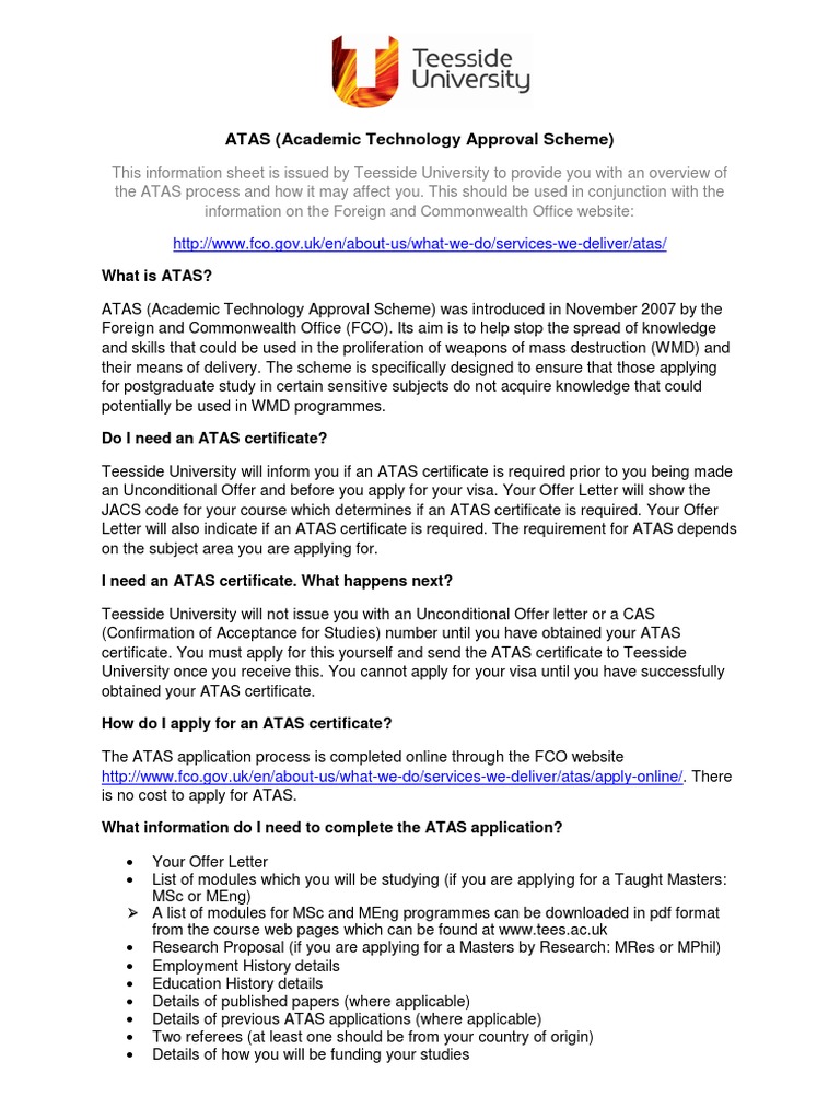 ATAS Information Sheet for Applicants | Travel Visa | Public Key ...