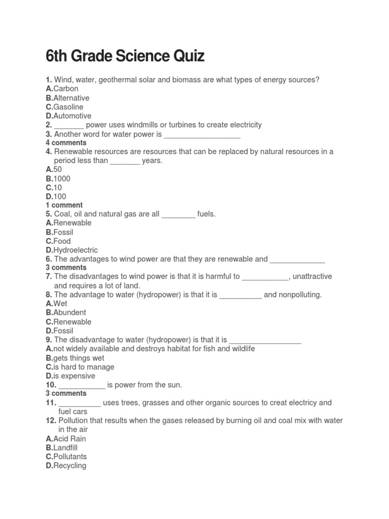 6th Grade Science Quiz | Download Free PDF | Renewable Energy | Force