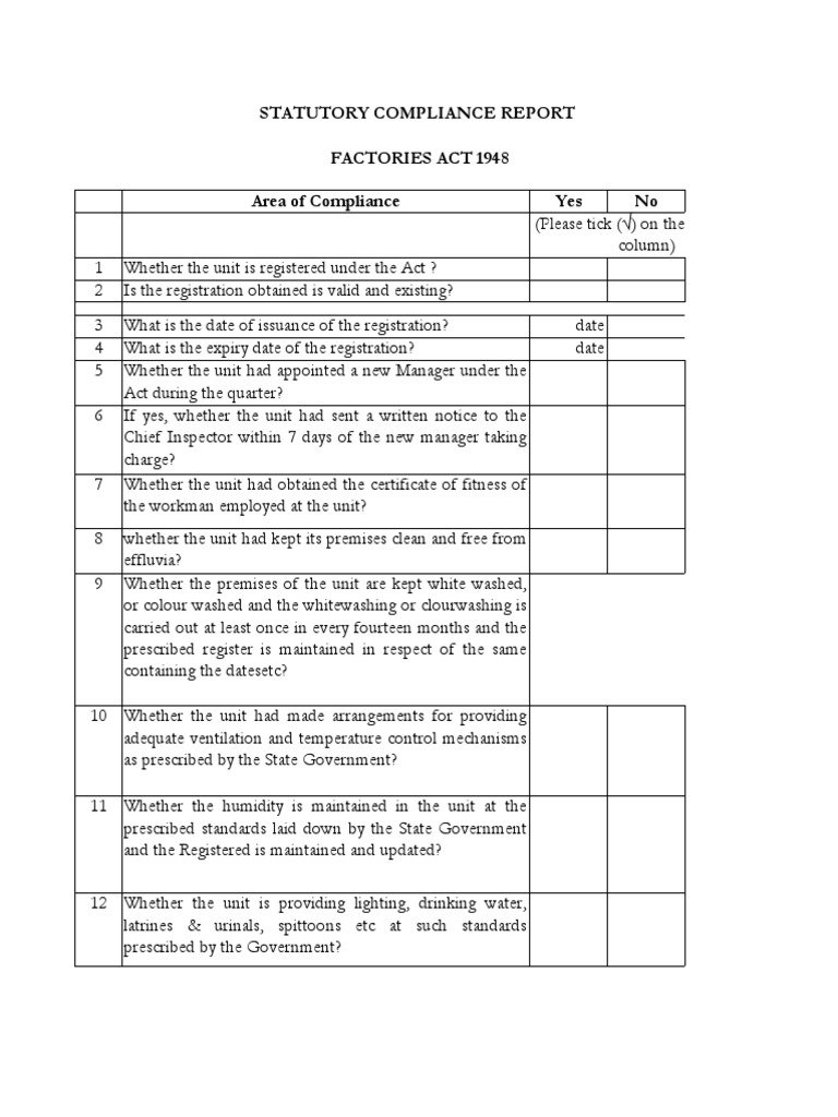 Statutory Compliance Report Factories Act 1948 | PDF | Business | Nature