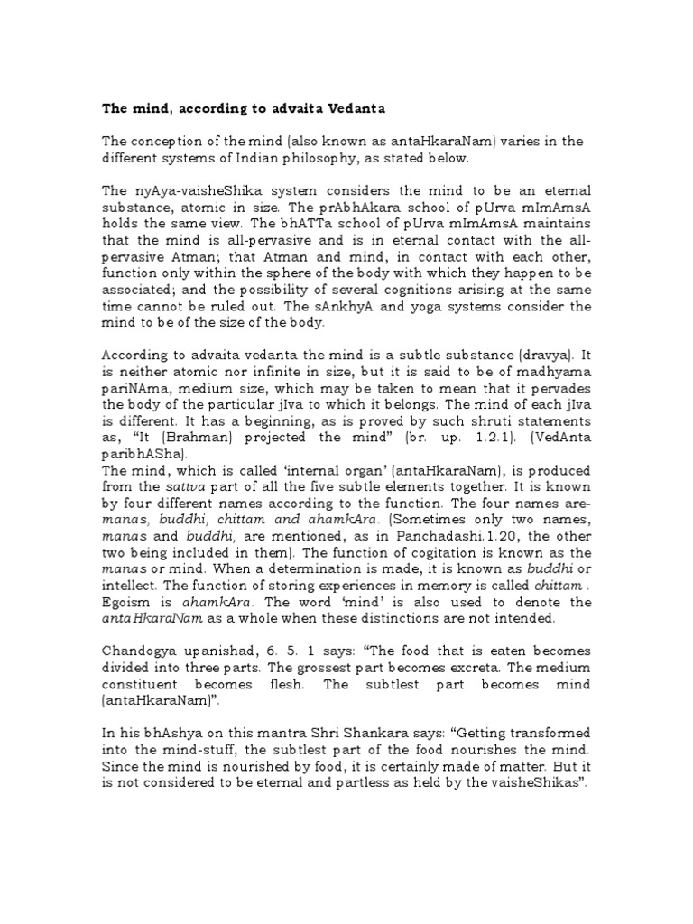 Mind in Advaita Vedanta | PDF