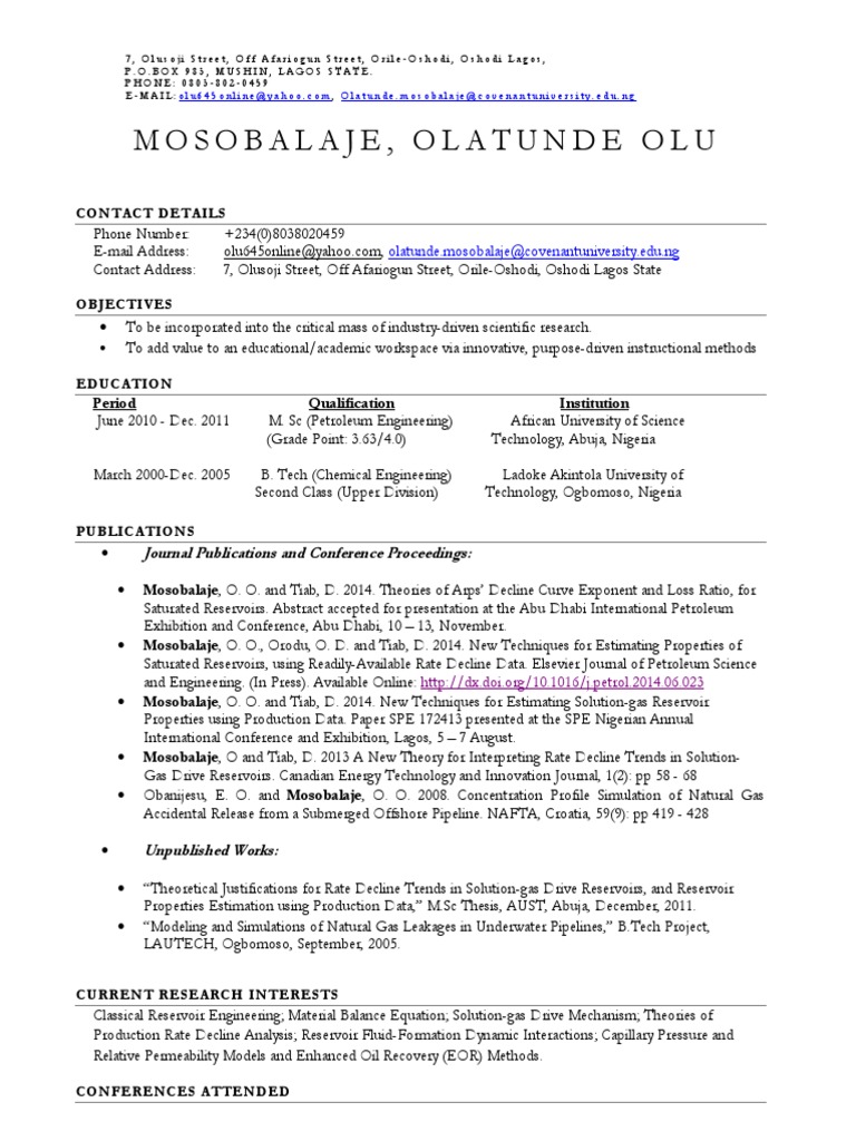 Resume - Olatunde Mosobalaje PDF | PDF | Petroleum Reservoir | Petroleum