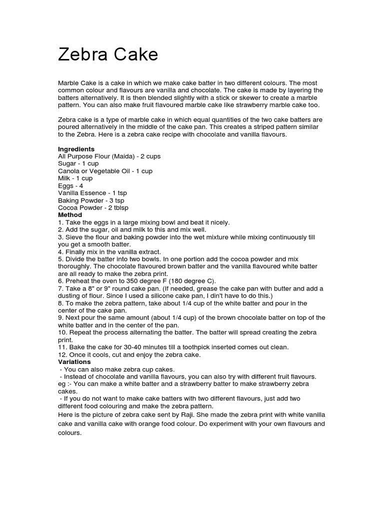 Zebra Cake: Ingredients | PDF | Batter (Cooking) | Cakes