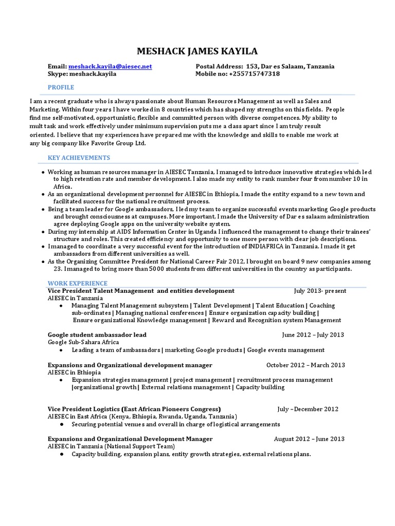 Meshack Kayila's CV | PDF | Tanzania | Recruitment