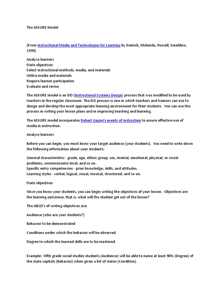 The Assure Model | PDF | Instructional Design | Lesson Plan