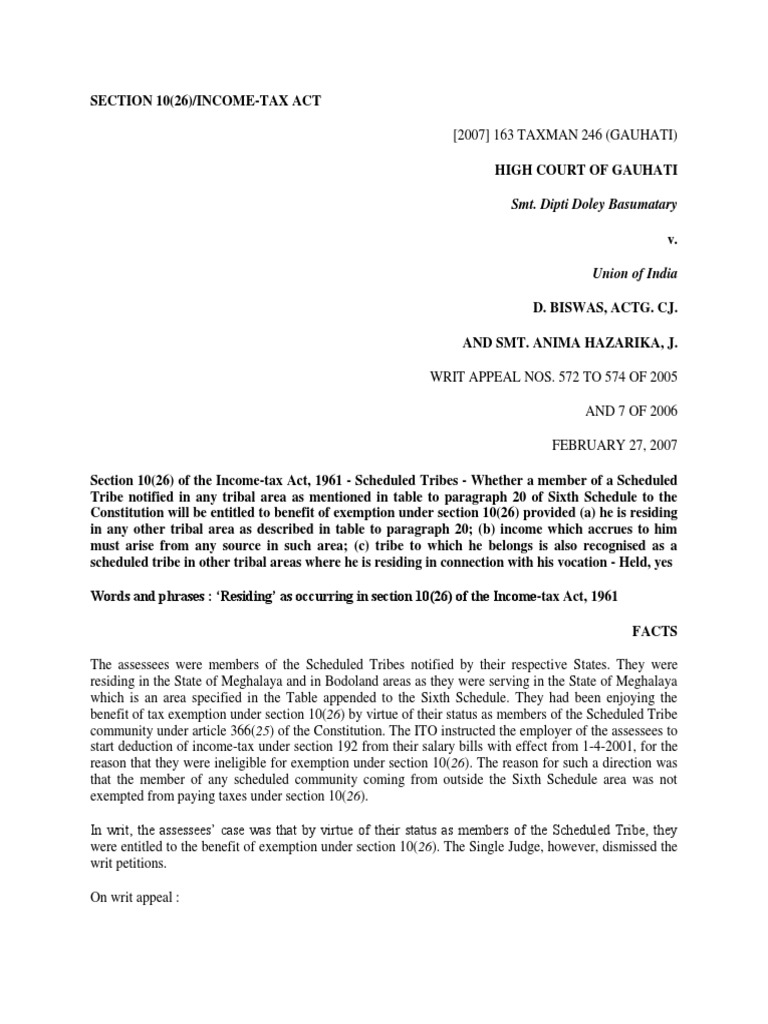 Section 10(26) tax exemption for members of Scheduled Tribes residing ...