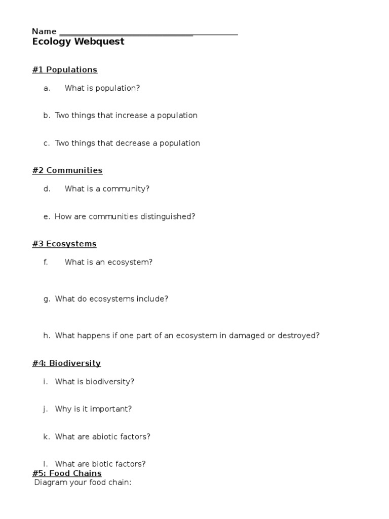 Ecology Webquest Worksheet 1 | PDF | Food Web | Ecosystem