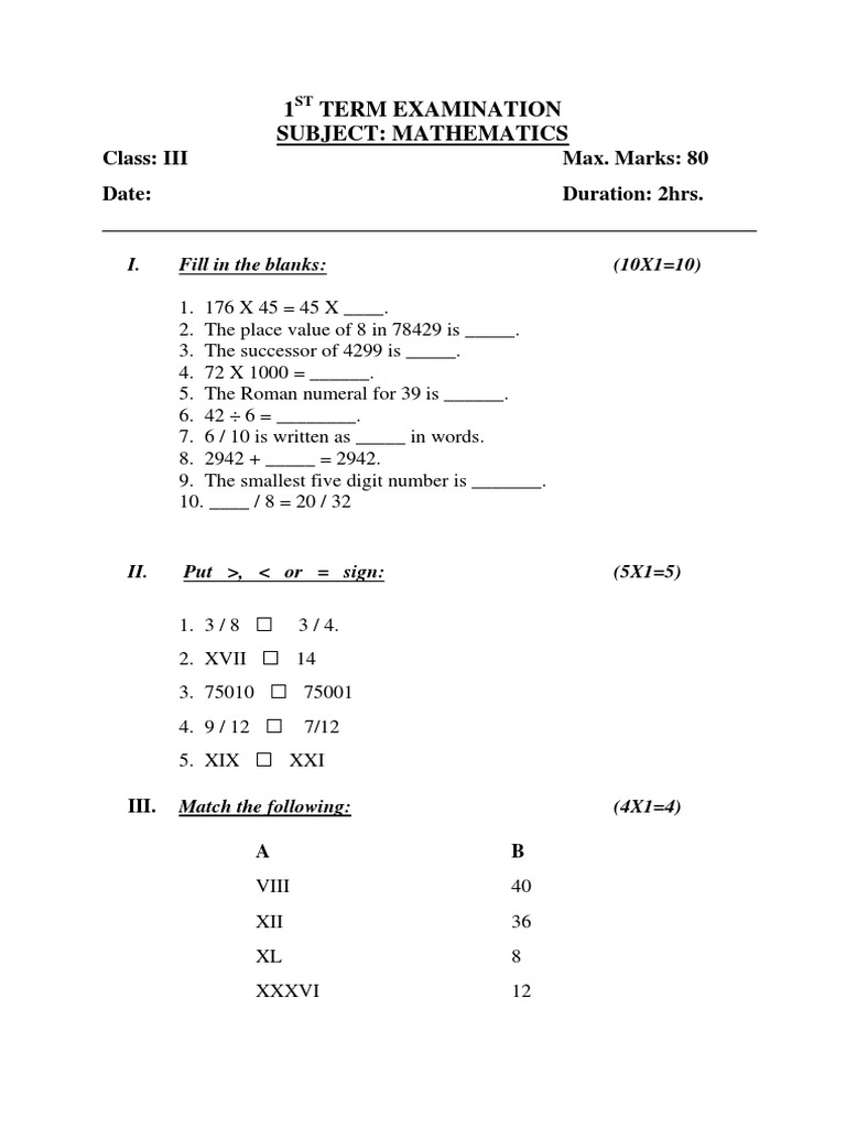 Maths Paper Class III | PDF | Fraction (Mathematics) | Numbers