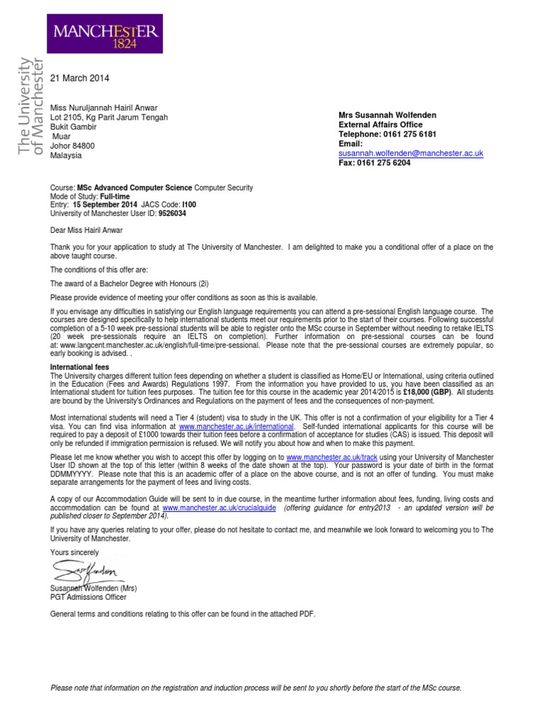 Conditional Offer Letter for MSc Course | PDF | Fee | University And ...