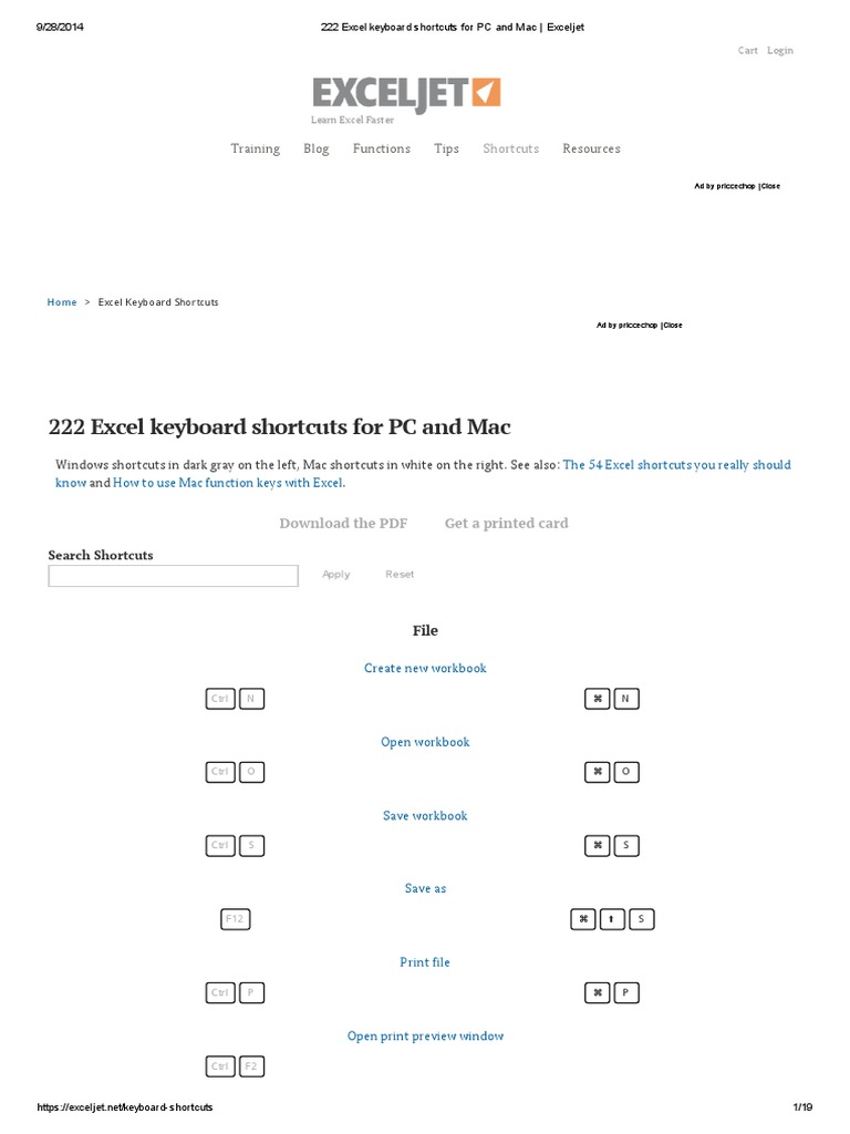 222 Excel Keyboard Shortcuts For PC and Mac - Exceljet | PDF | Control ...