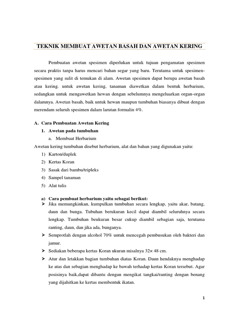 Teknik Awetan Basah dan Kering Spesimen | PDF