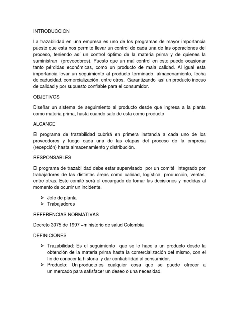 Programa de Trazabilidad | PDF | Producto (Negocio) | Calidad (comercial)