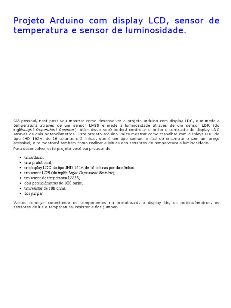 Projeto Arduino Com Display LCD, Sensor de Temperatura e Sensor de Luminosidade PDF | PDF ...