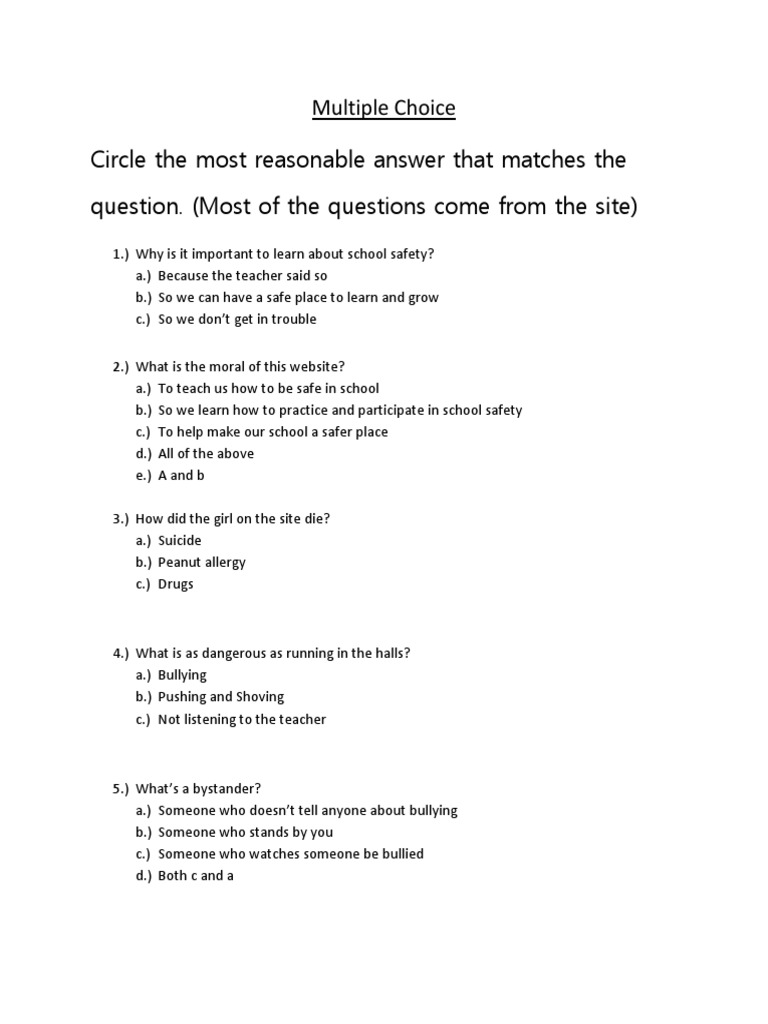 Multiple Choice School Safety | PDF | Career & Growth | Social Science