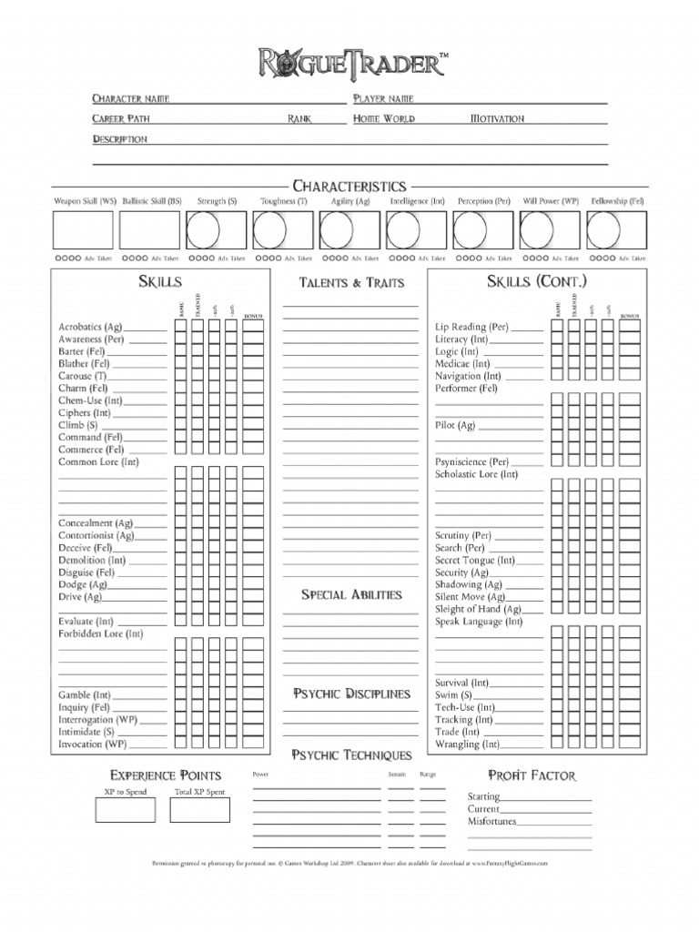 Rogue Trader Character Sheet - Printer Friendly | PDF