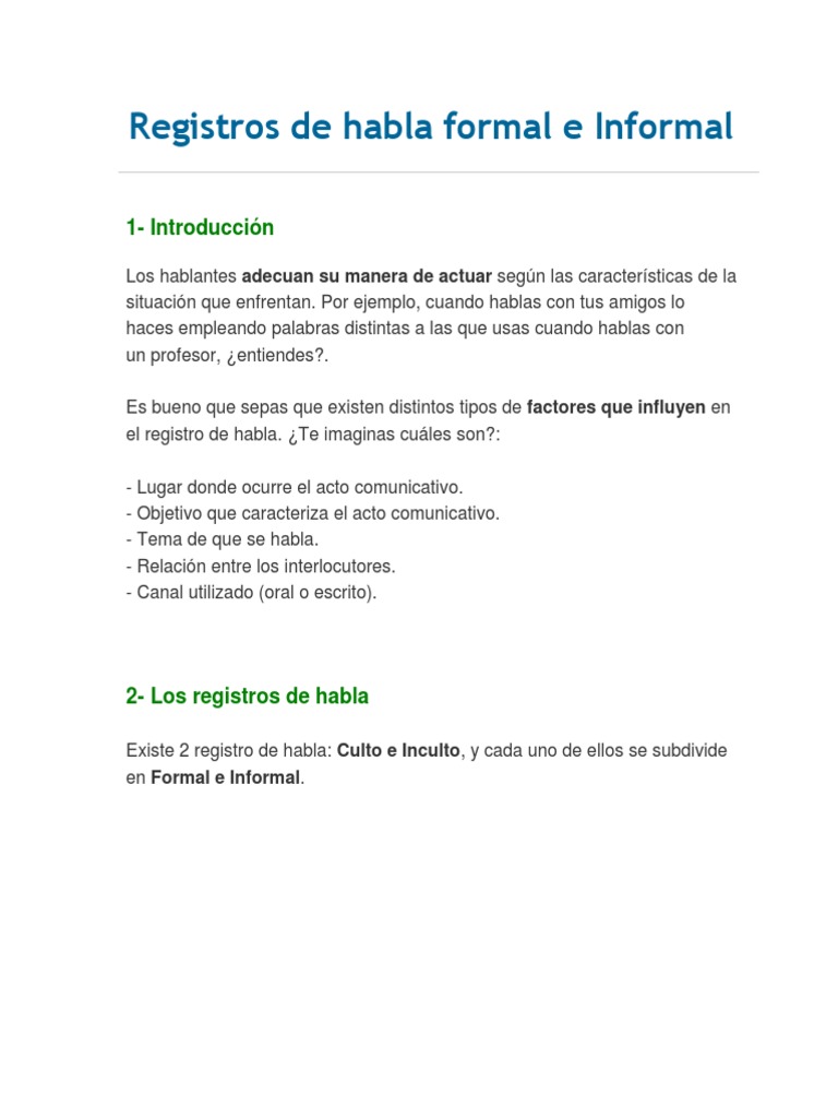 Registros de Habla Formal e Informal | PDF | Léxico | Oración (Lingüística)