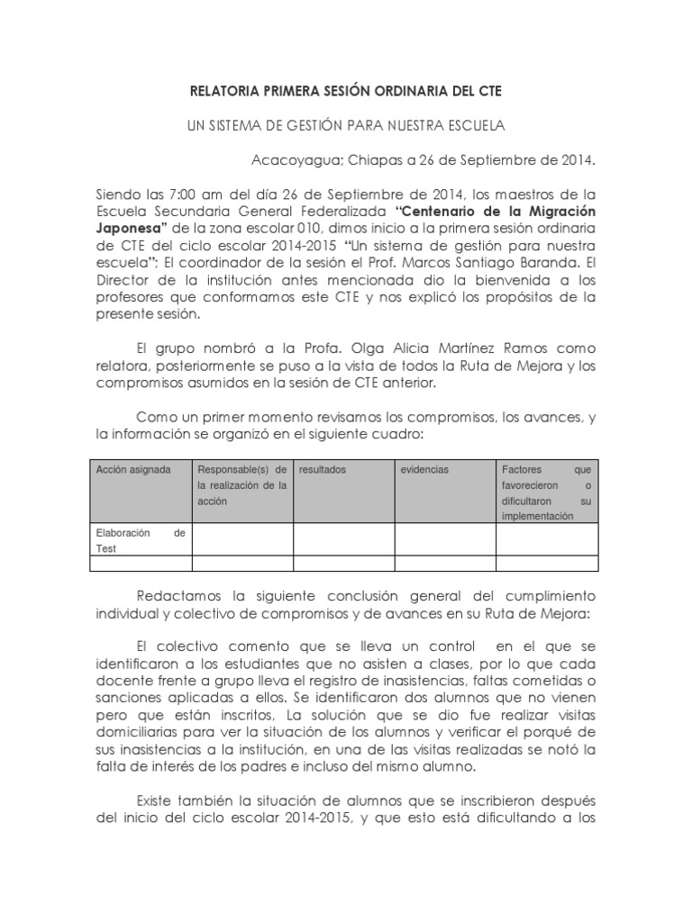 Relatoria Primera Sesión Ordinaria Del Cte | PDF