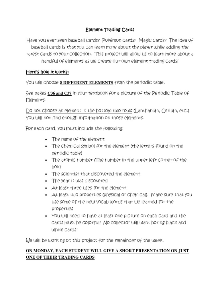 Creating Element Trading Cards: A Project to Learn About the Properties ...