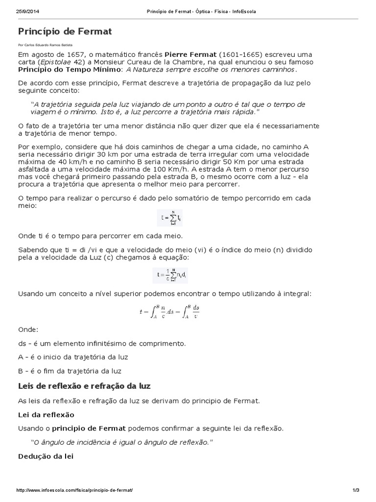 Princípio de Fermat - Óptica - Física - InfoEscola PDF | PDF | Refração ...