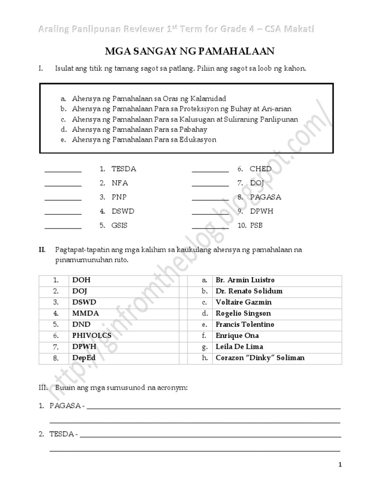 Mga Ahensya NG Pamahalaan - Gr4 1st Term CSA Makati | PDF
