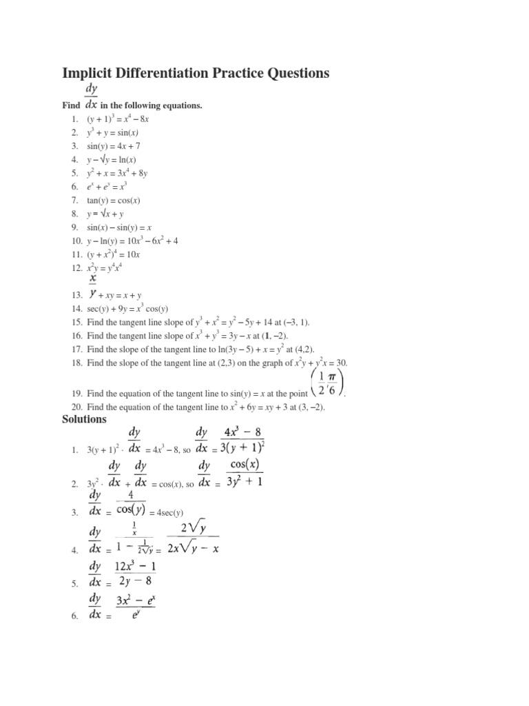 Implicit Differentiation Practice Questions | PDF