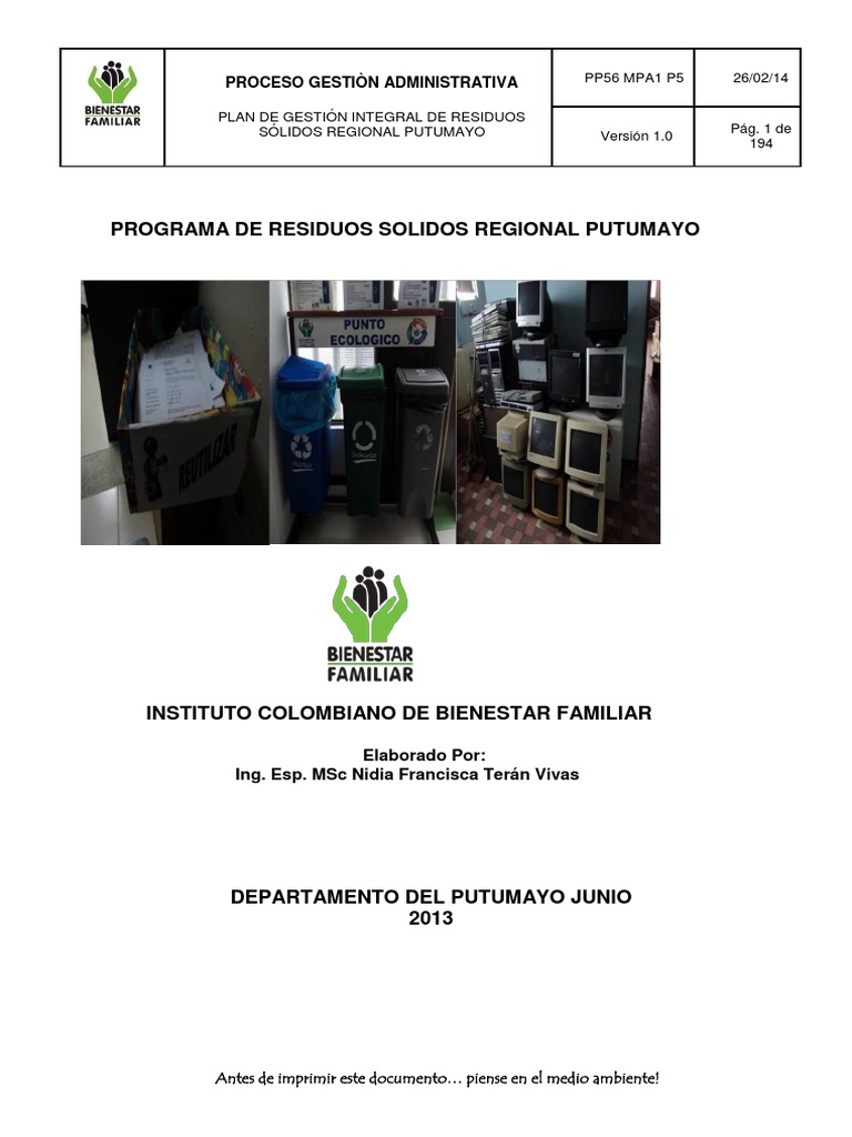 PP56 MPA1 P5 Programa de Manejo de Residuos Sólidos Putumayo v1 ICBF PDF | PDF | Residuos ...