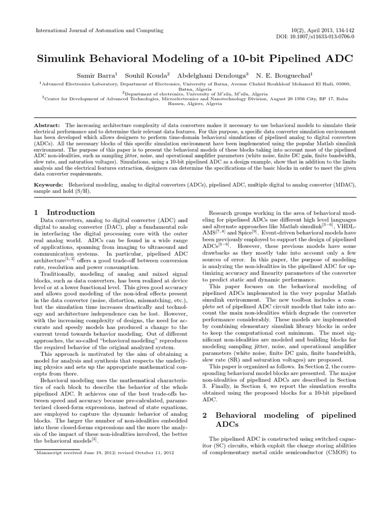 Simulink Behavioral Modeling of A 10-Bit Pipelined ADC PDF | PDF ...
