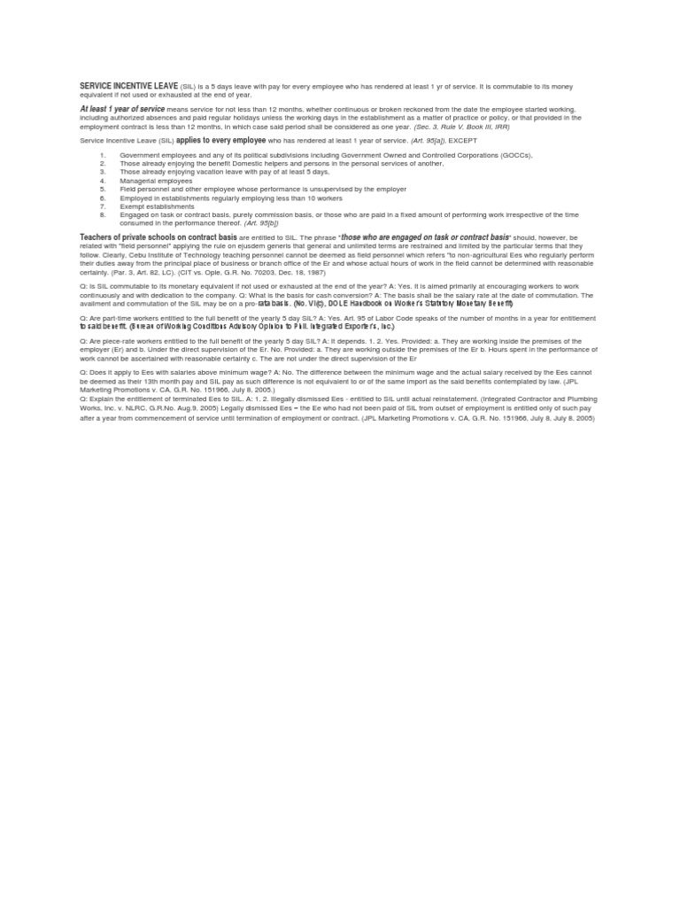 Service Incentive Leave | Employment | Salary