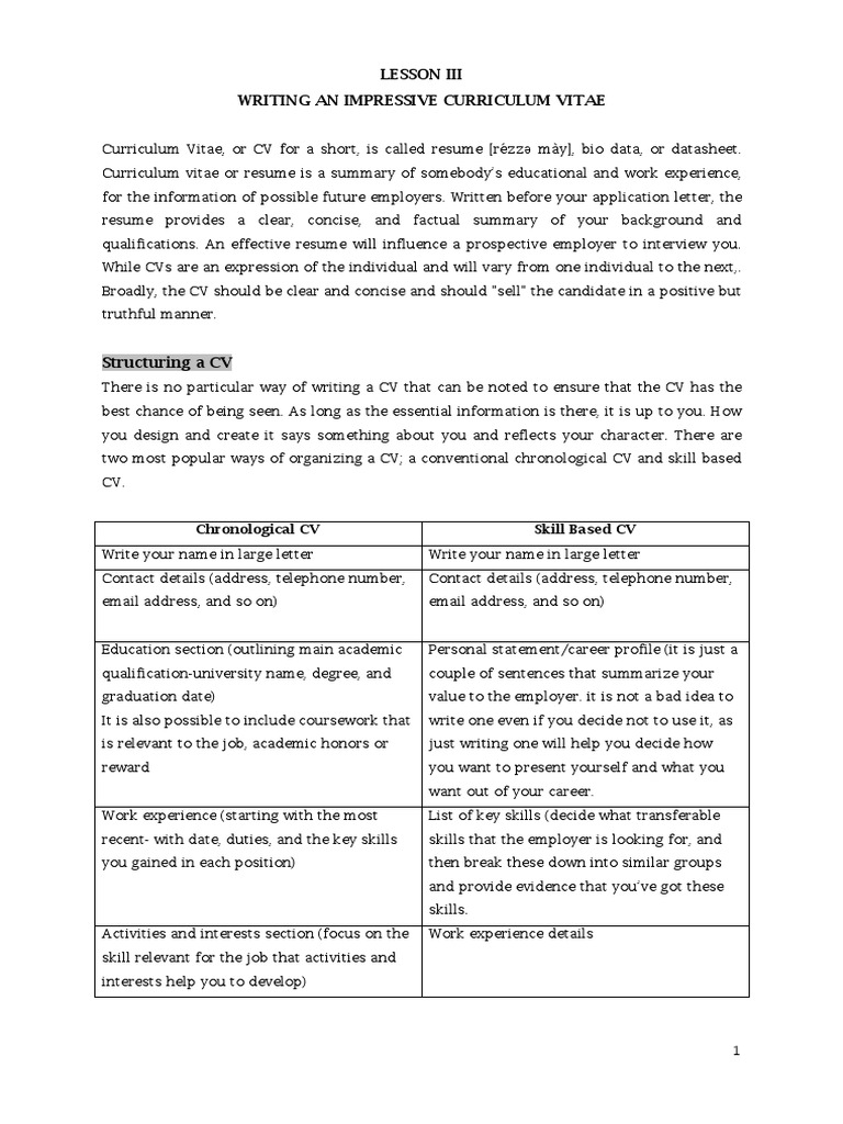 Lesson III CV | PDF | Résumé | Employment