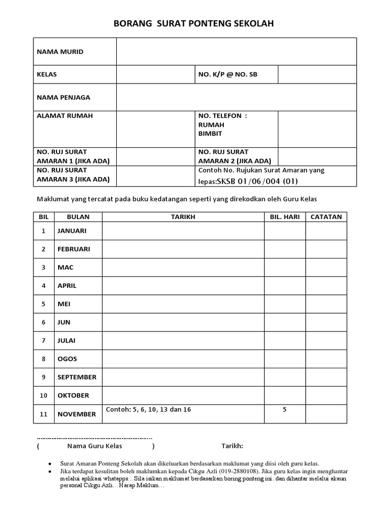 Borang Surat Ponteng Sekolah | PDF