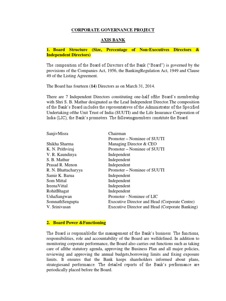 Axis Bank - Corporate Governance | PDF | Audit | Board Of Directors
