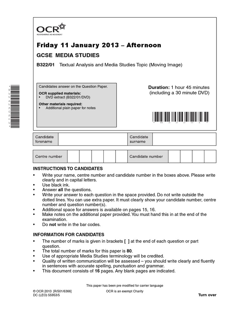 OCR Exam Paper (Jan 2013) Unit b322 01 Textual Analysis and Media ...