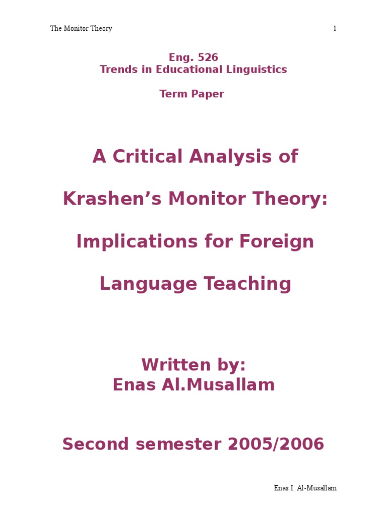 A Critical Analysis of Krashen's Monitor Theory | PDF | Neuropsychology ...